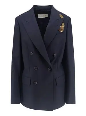 Dries Van Noten Barrysta Wool Blazer With Gold Embroidery - Blue