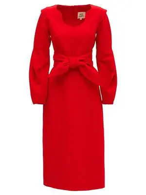 JULIA ALLERT Designer Fitted Midi Dress With Belt - Red
