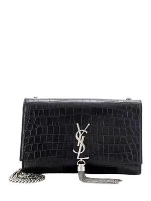 Saint Laurent Classic Monogram Tassel Crocodile Embossed Leather Medium Crossbody Bag - Black