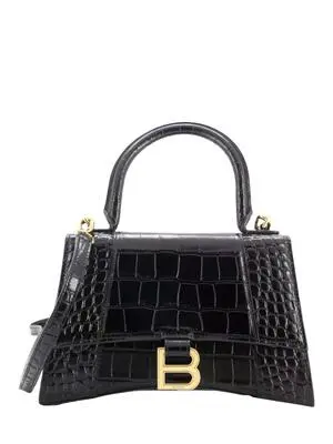 Balenciaga Hourglass Top Handle Bag Crocodile Embossed Leather Small Crossbody Bag - Black