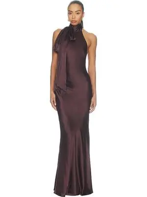 Courtney Zheng Silk Satin Tie Neck Gown In . Also - Purple