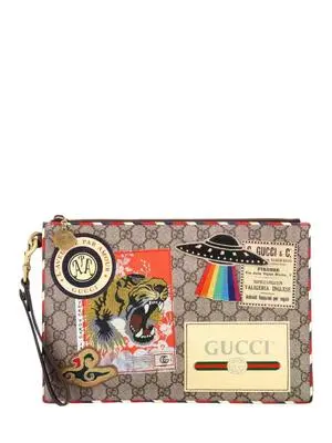 Gucci Courrier Pouch Gg Coated Canvas With Applique Clutch Bag - Brown