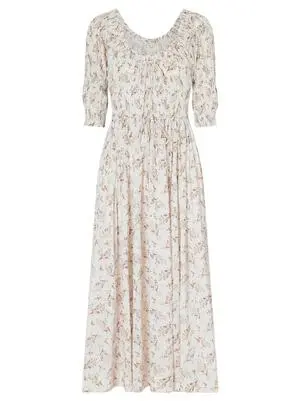 DÔEN Ischia Floral-print Gathered Organic Cotton-voile Midi Dress - Neutrals