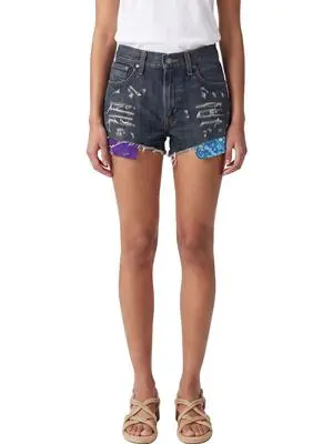 HTC LOS ANGELES Mid-rise Distressed Denim Shorts With Bandana Motif - Blue