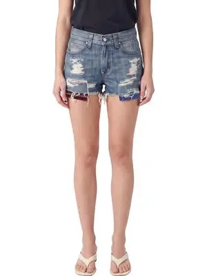 HTC LOS ANGELES Mid-rise Studded Shorts With Bandana Embroidery - Denim