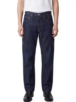 HTC LOS ANGELES Straight Fit Studded Cotton Denim Jeans With Embroidery - Blue