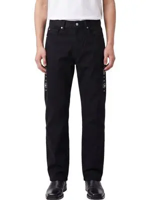 HTC LOS ANGELES Straight Fit Studded And Embroidered Cotton Denim Jeans Black