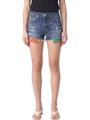 HTC LOS ANGELES High-waisted Studded Denim Shorts With Frayed Hem - Blue