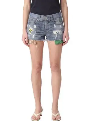 HTC LOS ANGELES Low-rise Studded Shorts With Frayed Hem - Denim