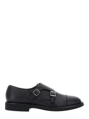 DOUCAL'S Double Buckle Monk Strap Shoes In Grained Calfskin - Black