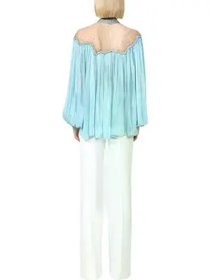 Costarellos Timma Crystal-embroidered Balloon-sleeve Blouse - Blue
