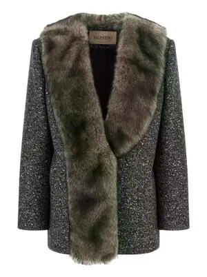 Valentino Garavani Single-breasted Chevron Bouclé Caban With Shearling - Black