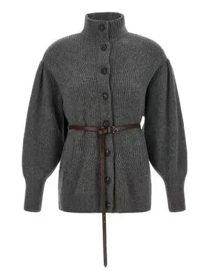 Brunello Cucinelli Belted Chevron-knit Cardigan Grey