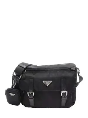 Prada 2013-2026 Saffiano Trimmed Tessuto Zip Double Buckle Messenger Bag Crossbody Bag - Black