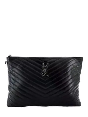Saint Laurent Classic Monogram Wristlet Pouch Matelasse Chevron Leather Medium Clutch Bag - Black