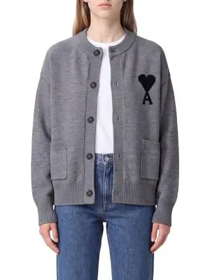 AMI Paris Wool Crewneck Cardigan With Contrasting Embroide Logo - Grey