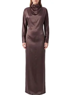 Max Mara Long Silk Sheath Evening Gown With Draped High Neck - Grey