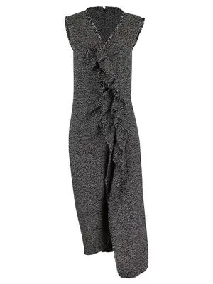 Michael Kors Frayed Ruched Tweed Midi Dress - Black