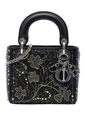 Dior 2018 Mini Calfskin Embroidered Clovers Lady Satchel - Black