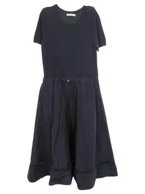 Moncler 2000s Color-block Rayon Navy Logo-embroidered Flared Dress - Blue
