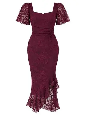 GIRL IN MIND Heidi Berry Lace Ruched Midi Dress - Red