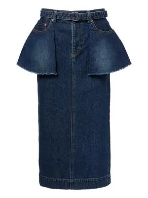 Sacai Belted Peplum Denim Midi Skirt - Blue