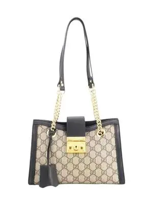 Gucci Padlock Chain Tote Gg Coated Canvas With Leather Small Shoulder Bag - Black