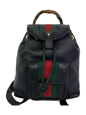 Gucci 20th Century Calfskin Bamboo Web Drawstring Backpack - Black