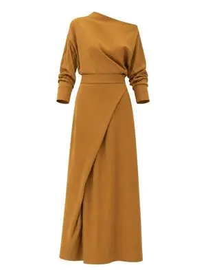 JULIA ALLERT Draped Boat-neck Blouse & Wrap Midi Skirt Set – Mustard - Yellow