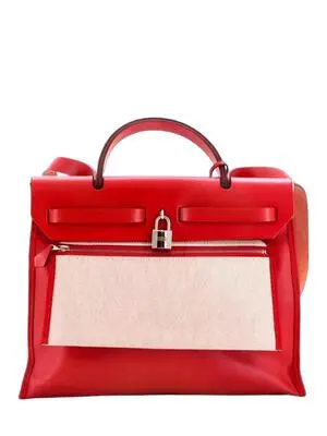 Hermès Herbag Zip Berline Vache Canvas And Leather 31 Shoulder Bag - Red