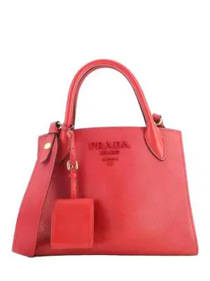 Prada Monochrome Saffiano With City Calf Small Tote Bag - Red