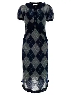 SHUSHU/TONG Argyle-knit Ruffled-trim Midi Dress - Blue