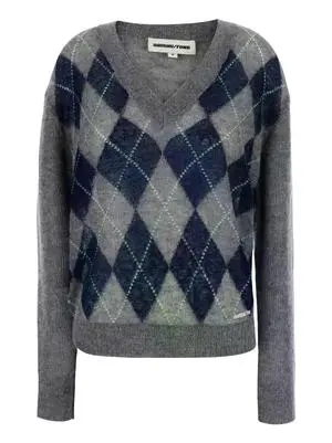 SHUSHU/TONG Argyle-pattern V-neck Sweater - Grey
