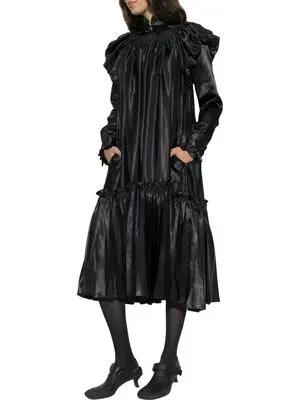 Noir Kei Ninomiya Puff-sleeve Pleated Satin Midi Dress - Black