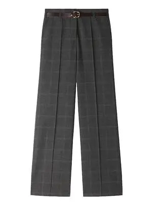Sandro Checked Belted-waist Stretch Wool-blend Trousers - Grey