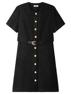 Sandro Buttoned Round-neck Tweed Mini Dress - Black
