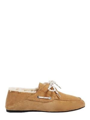 Sandro Shearling-lined Suede Boat Shoes - Camel