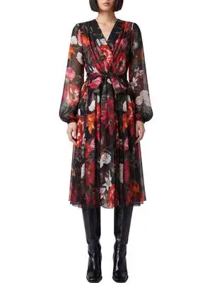 Dolce & Gabbana Floral Midi Silk Dress With Balloon Sleeves - Black