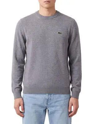 Lacoste Crew Neck Cotton Blend Sweater With Contrasting Logo Patch - Silver