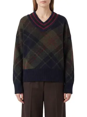 Barbour Check Wool Blend Relaxed Fit V-neck Sweater - Multicolor