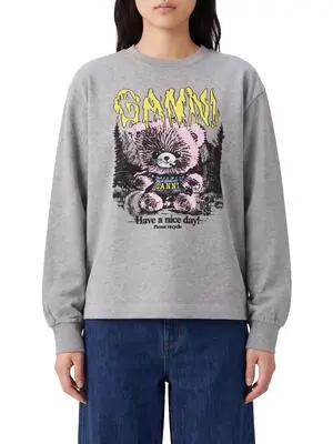 GANNI Long-sleeved T-shirt In Cotton With A Graffiti-style Teddy Bear Print - Grey