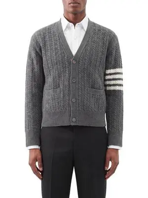 Thom Browne 4-bar Stripe V-neck Slim Fit Wool Tricot Cardigan - Grey