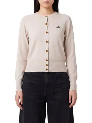VIVIENNE WESTWOOD Crewneck Merino Wool Cardigan With Embroidered Orb Logo - Beige
