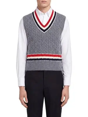Thom Browne Striped V-neck Merino Wool Knit Vest With Signature Flag - Grey