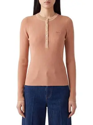 Chloé Slim Fit Ribbed-knit Sweater In Pure Merino Wool With A Crew Neckline Coffee