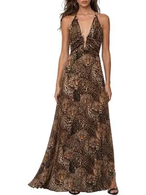 Philipp Plein Flared Long Dress With Animal Print And Off-the-shoulder Design - Beige