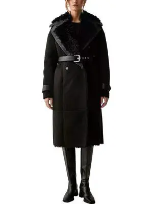 Patrizia Pepe Belted Shearling-collar Coat - Black