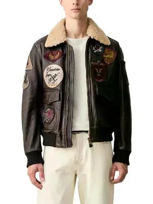 AERONAUTICA MILITARE Patch-detail Shearling-collar Leather Jacket - Brown