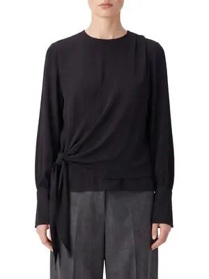 Federica Tosi Draped Viscose Blouse With Tie-waist Belt And Long Sleeves - Black