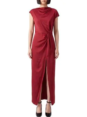 Federica Tosi Draped Asymmetric Satin Midi Evening Dress Red